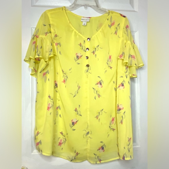 Ava & Viv | Tops | Womens Yellow Floral Blouse With Pink Diamond ...